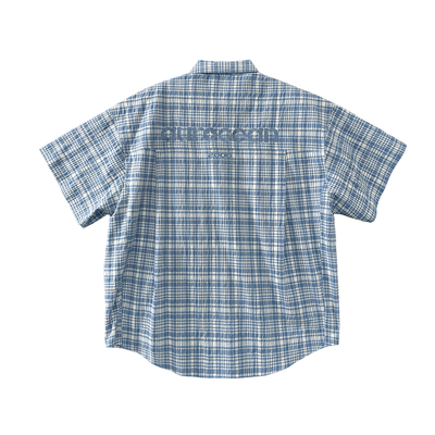 Aurocean 肌理感盛夏奶蓝色格子衬衫 进口刺绣宽肩大版短袖衬衣