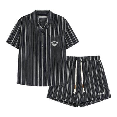 Bobbybecky复古休闲古巴领条纹纯棉衬衫条纹短裤