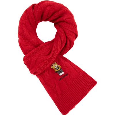 siggi针织小熊绞花羊毛红围巾
