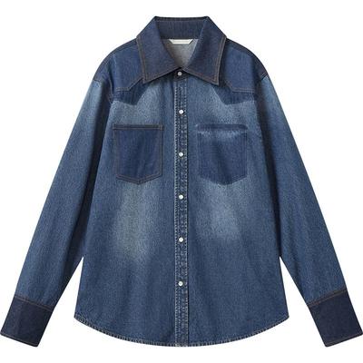 播宽松显瘦复古水洗牛仔衬衫女秋冬翻领上衣DDS4CD5109