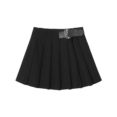 高腰显瘦皮扣百褶半身裙