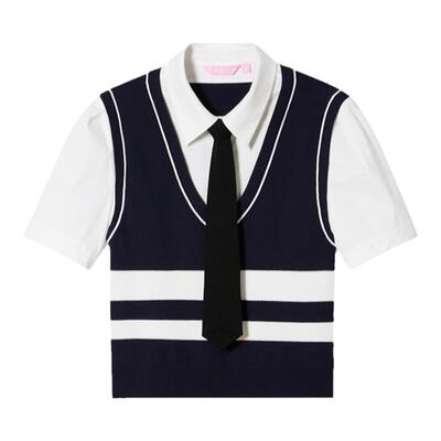 SALT.P可颜【明星同款】学院风假两件领带短袖针织上衣女夏季薄款