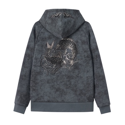 ONIARAI/鬼洗25秋冬泥棒蓝敦煌双鱼刺绣连帽卫衣男士 25NOB54新品