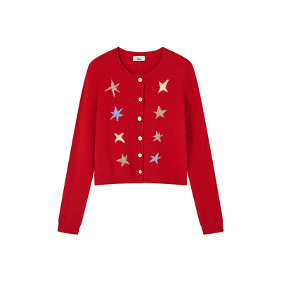 indicia标记羊驼毛红色星星开衫