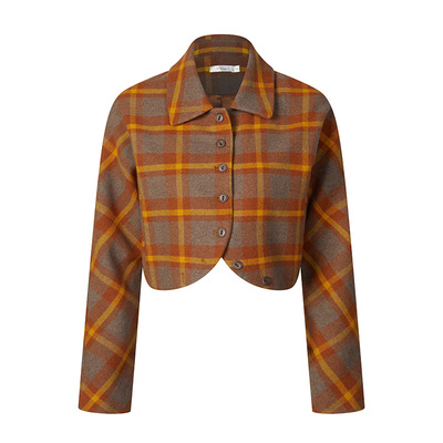 Chings 法式复古格纹毛呢外套女 赫本风小个子单排扣短款外套