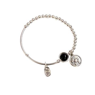 香港正生纯银S925纯银森系冷淡风手链女 DIY光珠黑曜石招财纳福木