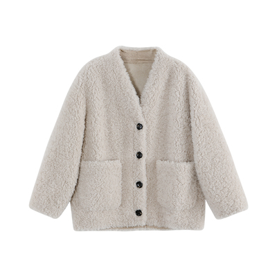 XMOOM水波感绒毛V领颗粒外套