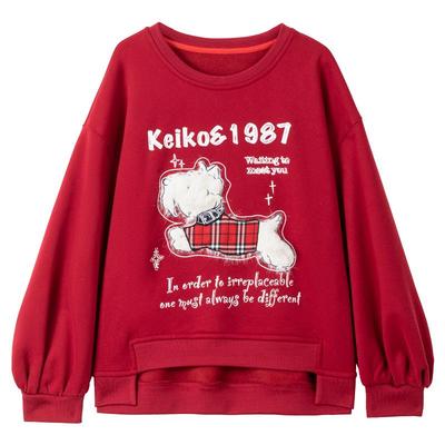 KEIKO [加密绒]小狗绣花红色卫衣女春季美式新年穿搭短款圆领上衣