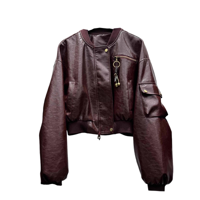 美式复古横拉链挂饰PU皮衣棒球服