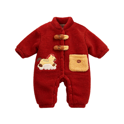 婴儿连体衣冬季宝宝衣服加绒保暖红色喜庆婴幼儿外出爬爬服过年服