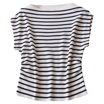 撞色条纹捏褶卡腰显瘦修身针织衫