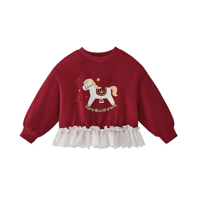 女童卫衣2025新款春秋小女孩圆领套头上衣儿童打底冬宝宝红色衣服