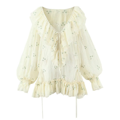 V领荷叶边刺绣长袖连衣裙蓬蓬裙