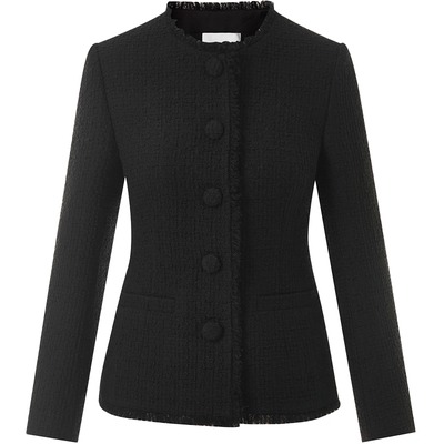 LANCY/朗姿2026春新款羊毛法式粗花呢小香风收腰外套女气质黑上衣