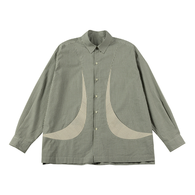 泡泡纱长袖衬衫翻领撞色拼接