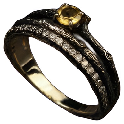 天然黄水晶双枝树枝环白金戒指