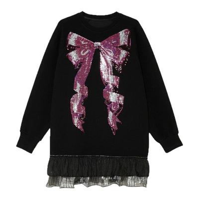 TCH甜酷粉色蝴蝶结烫钻黑纱裙摆秋冬宽松休闲连衣裙女T75D30E1048