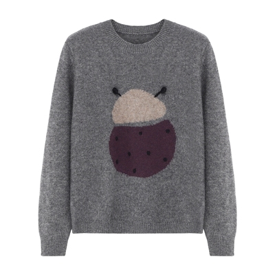 Basic House/百家好灰色卡通提花宽松毛衣冬季绵羊毛圆领正肩上衣