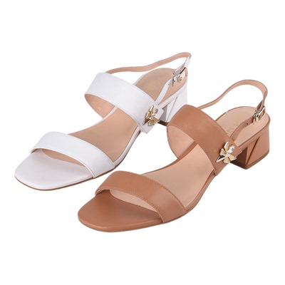 莱尔斯丹棕色白色黑方头低跟凉鞋