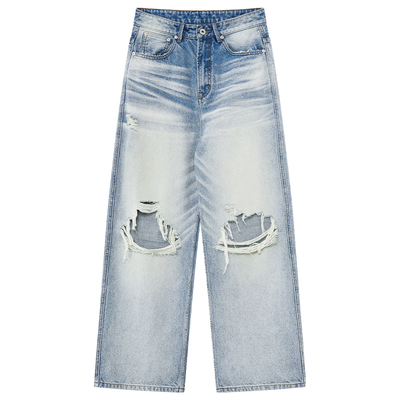 水洗不规则中腰直筒破洞牛仔裤