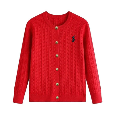 小马刺绣新年红麻花针织亲子装