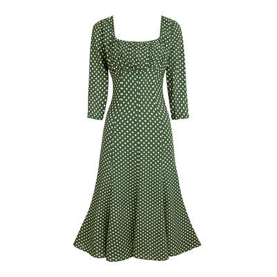 方领波点连衣裙雪纺五分袖长裙