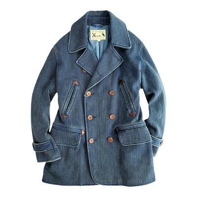 西里布蓝染复古双排扣西服大衣