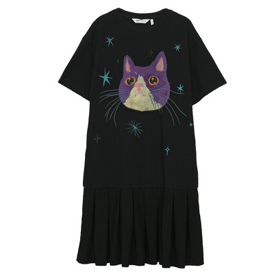 MOVEUP幻走2026夏季新款.FUN系列圆领小落肩印花工字褶针织连衣裙