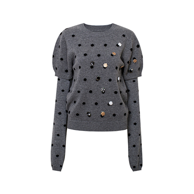 TOP家 法式复古 重工钉珠波点亮片花短袖套头羊毛衫+可拆卸袖套