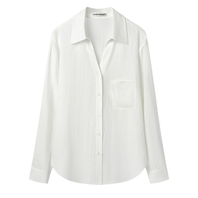 极简松弛款式V领长袖亚麻衬衫