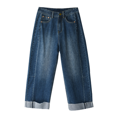 宽松翻边宽腿弯刀香蕉九分牛仔裤