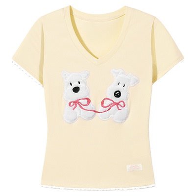 周深同款PSO Brand女装【假两件蕾丝款】可爱小狗V领短袖T恤夏季