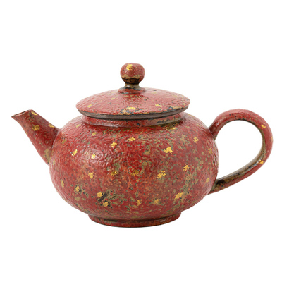 老岩泥铁红釉粗陶点金茶壶