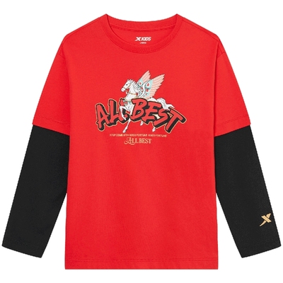 福燈贺岁|特步童装男大童假两件红色长袖T恤针织上衣新年款打底衫