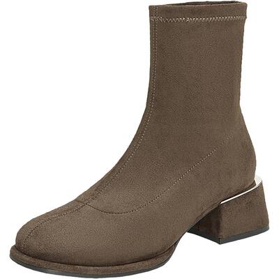 百思图冬季新款商场同款时尚潮流弹力靴粗跟女短靴E0283DD4