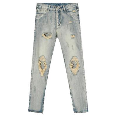 yorainbow浅蓝色破洞牛仔裤做旧