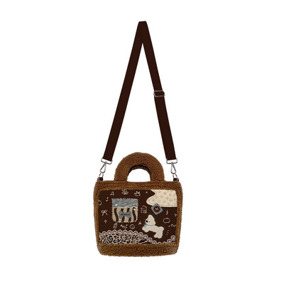 尼睿奶咖小狗羊羔毛手拎斜挎包