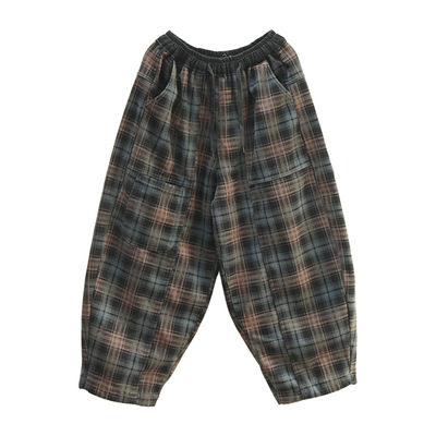 复古格子加绒灯笼裤牛仔裤加厚裤