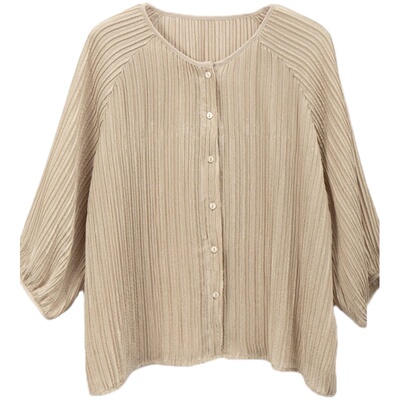 丝艺肌理感皱感真丝圆领衬衫防晒衣开衫七分灯笼袖法式三宅风上衣