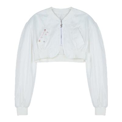 白色泡泡袖飞行夹克短外套女