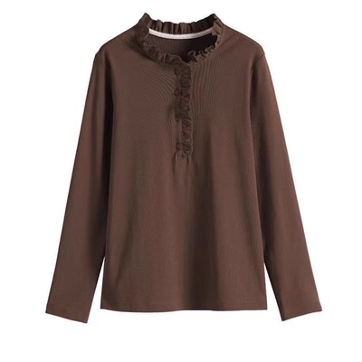 双面德绒加绒加厚长袖t恤女花边纽扣领秋冬新款打底衫妈妈体恤上