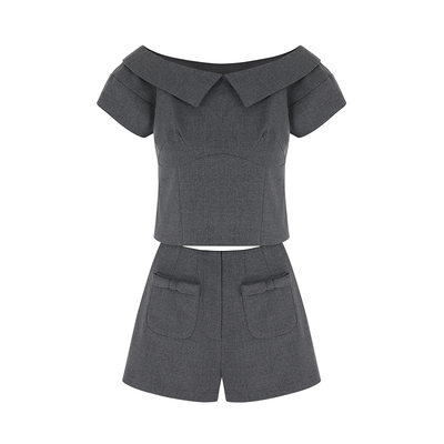 F PROJECT【miu学院】一字肩后背拉链短袖衬衫上衣/短裤套装女夏