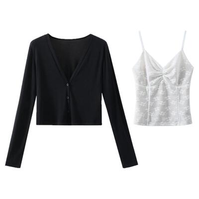 夕蒙2026新款春季韩系气质小个子小众独特黑色开衫白色吊带两件套