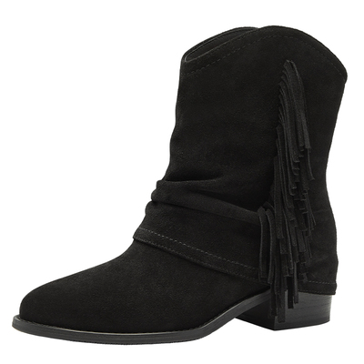 玖熙侧流苏时装靴黑色短靴
