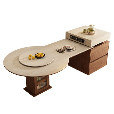 中古风洞石岩板岛台餐桌一体可伸缩多功能可储物高级导台泡茶饭桌