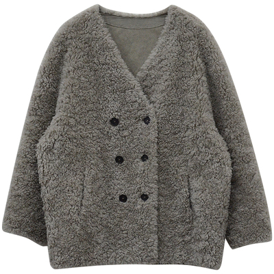 v领仿皮毛一体毛毛外套女中长款