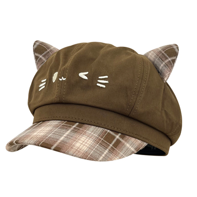 日系可爱格纹猫耳八角帽子显脸小