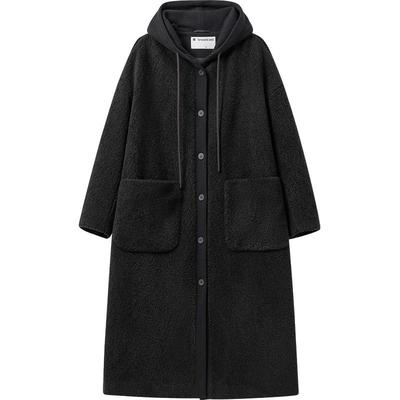 播慵懒风宽松休闲连帽异质拼接长款冬季毛呢外套女DDR4WD5188