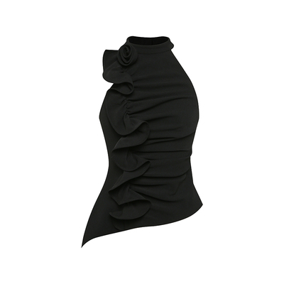 段晓薇同款Maison Wester夏季可爱气质黑高领无袖荷叶边立体上衣