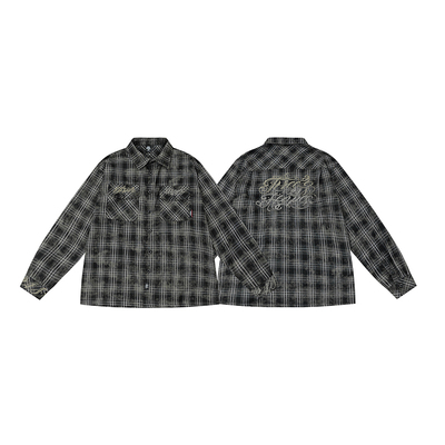 美式oldschool刺绣格子长袖衬衫